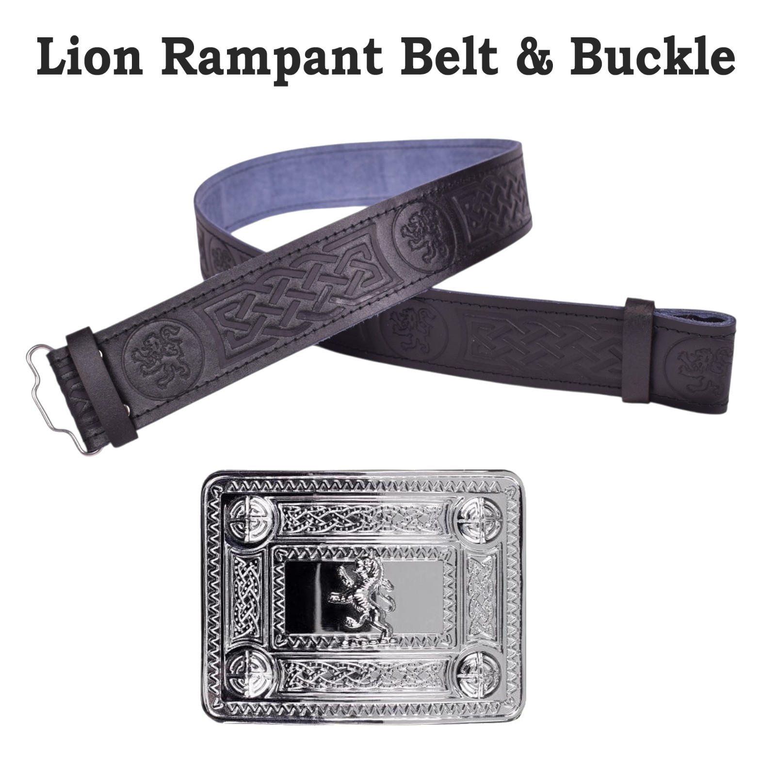 Men's Black Lion Rampant Embossed Kilt Belt and Buckle Adjustable Size ...