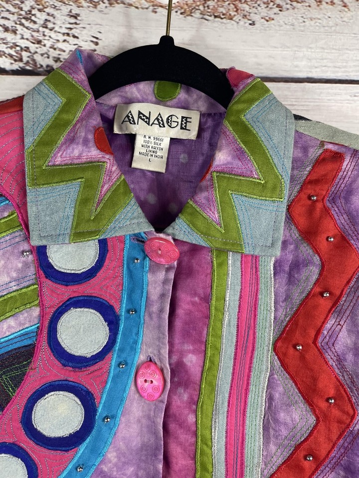 Anage Jacket Womens Large Multicolor Silk Patchwork Button Up Boho ...