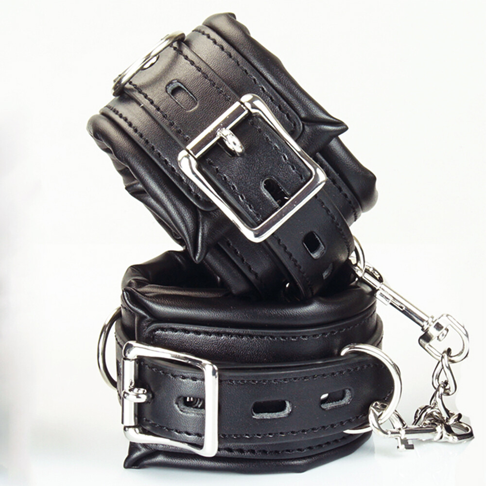 SM Lockable Black Adjustable PU Leather Padded Handcuffs Ankle Cuffs ...