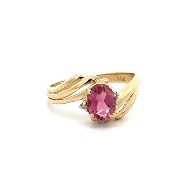 14k Yellow Gold Oval Pink Tourmaline Solitaire & Diamond Accent Wavy ...