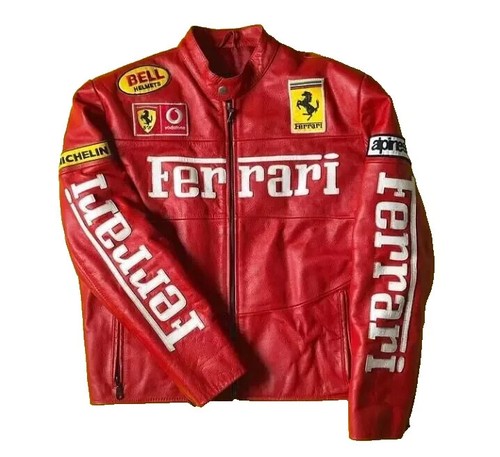 Vintage Ferrari Racing Leather Jacket Motorcycle Men Biker Jacket Red ...