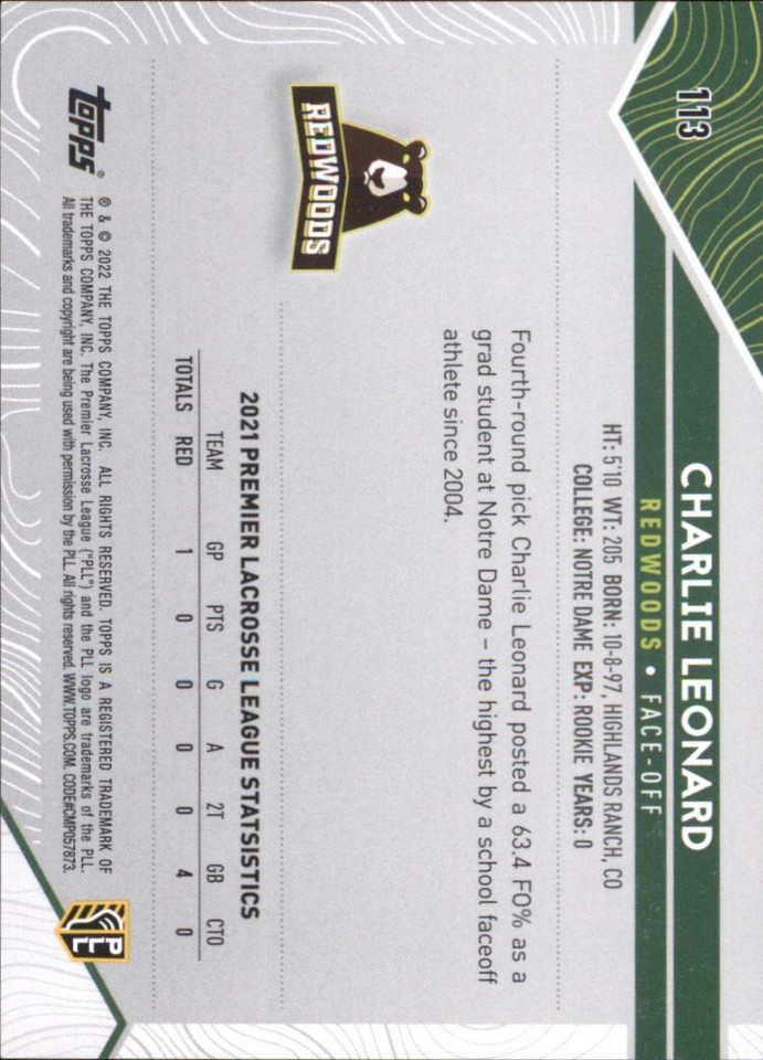 2022 Topps Premier Lacrosse League #113 Charlie Leonard | eBay