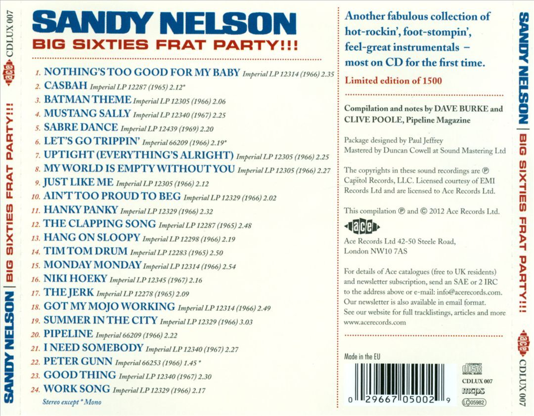 SANDY NELSON BIG SIXTIES FRAT PARTY [DELUXE] NEW CD 29667050029| eBay