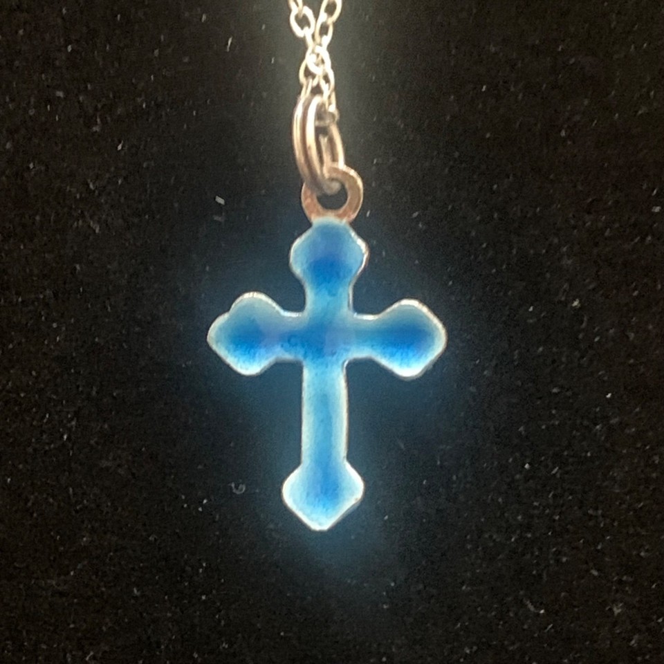 Vintage Mini Dainty Sterling Silver Enamel Cross Pendant Necklace Blue ...