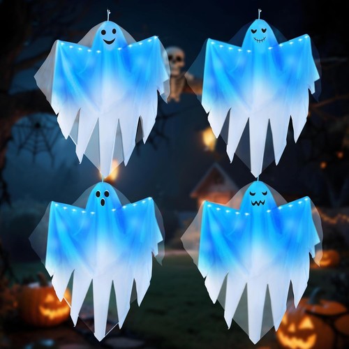 4 Pack Halloween Light up Hanging Ghost White Ghosts with Blue | eBay