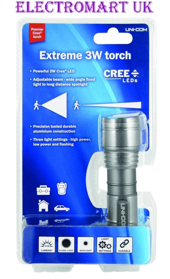 UNICOM EXTREME 3W CREE LED TORCH POWERFUL ADJUSTABLE BEAM 3 LIGHT ...