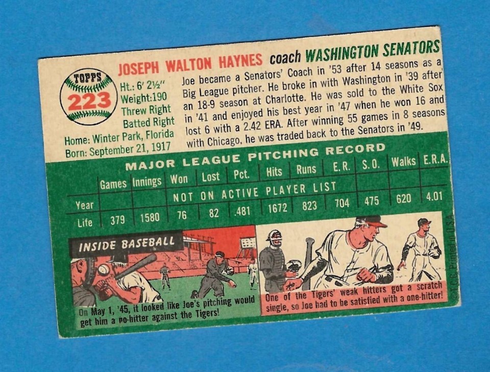 1954 TOPPS JOE HAYNES 223 EXMT CO BASEBALL WASHINGTO SENATORS | eBay