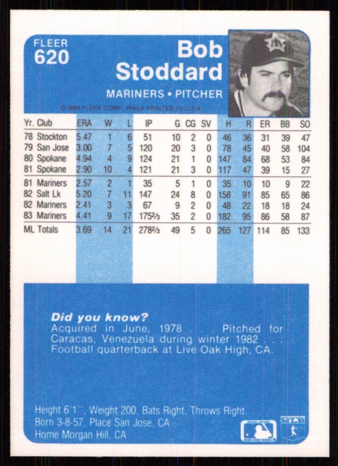 1984 Fleer Bob Stoddard Seattle Mariners #620 | eBay