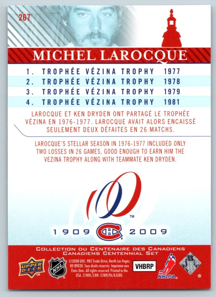 MICHEL LAROCQUE 2008-09 UPPER DECK MONTREAL CANADIENS CENTENNIAL NO 267 ...