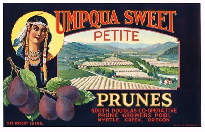 ORIGINAL VINTAGE 1920S OREGON PRUNE LABEL MYRTLE CREEK UMPQUA INDIAN ...