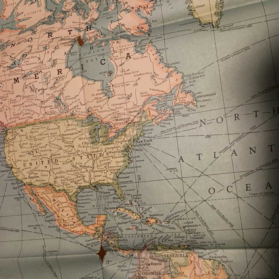 4 MAPS- 2 VTG 1950s 50"x 28" MAPS -THE WORLD & THE US + 2006 WORLD & US ...