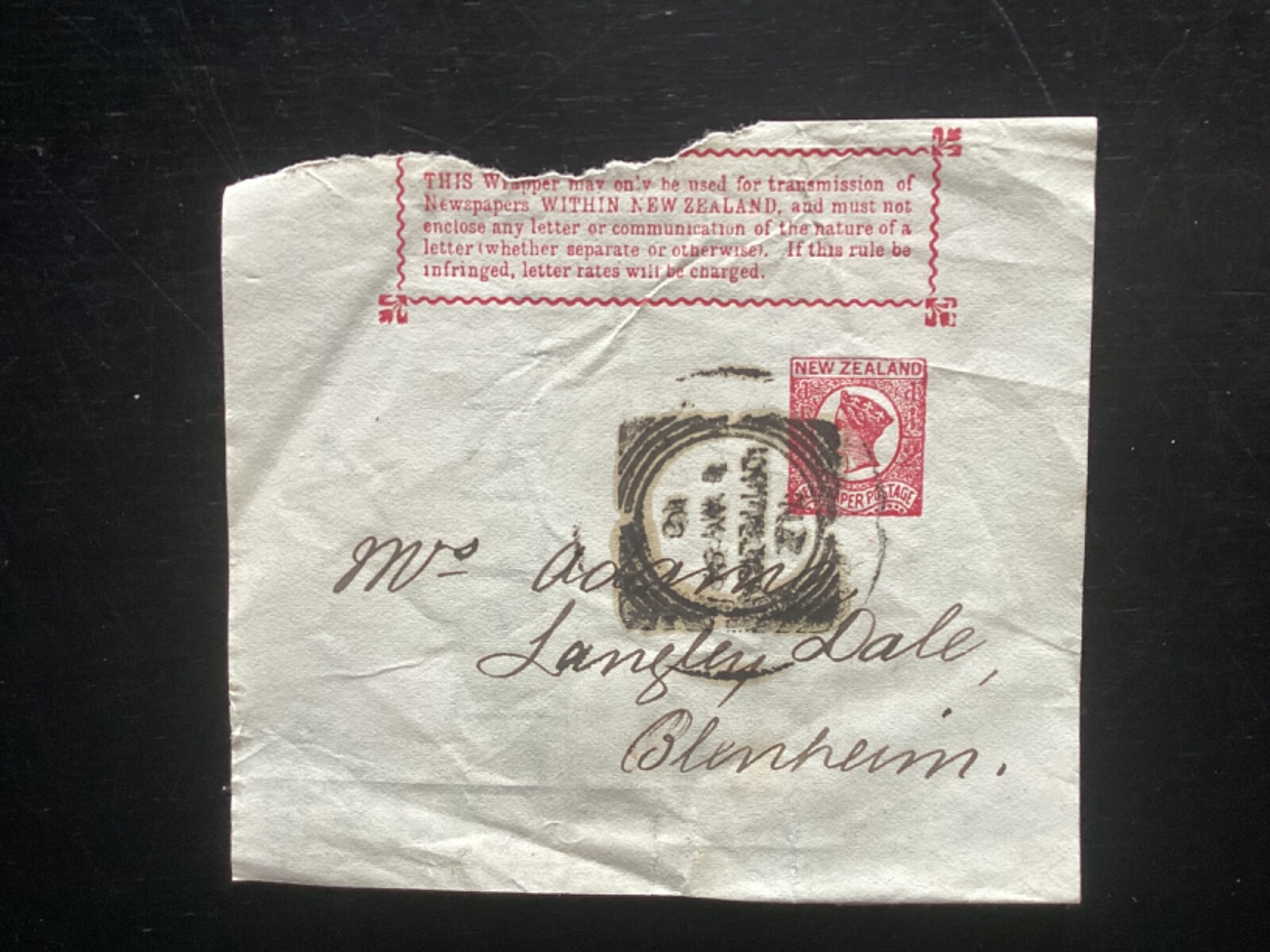 NZ 1899 1/2d Red Newspaper Wrapper from Lyttleton to Blenheim (NZF595 ...