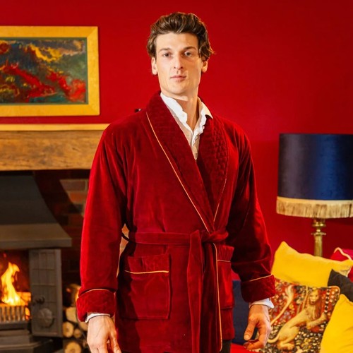 Christmas Red Velvet Quilted Robe for Men Vintage Smoking Dressing Gown ...