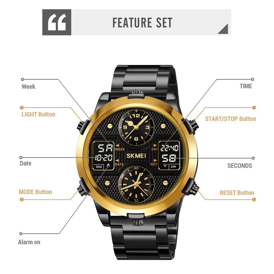 SKMEI Men Quartz Watch Dual Time Military Wristwatch Male Steel Digital ...