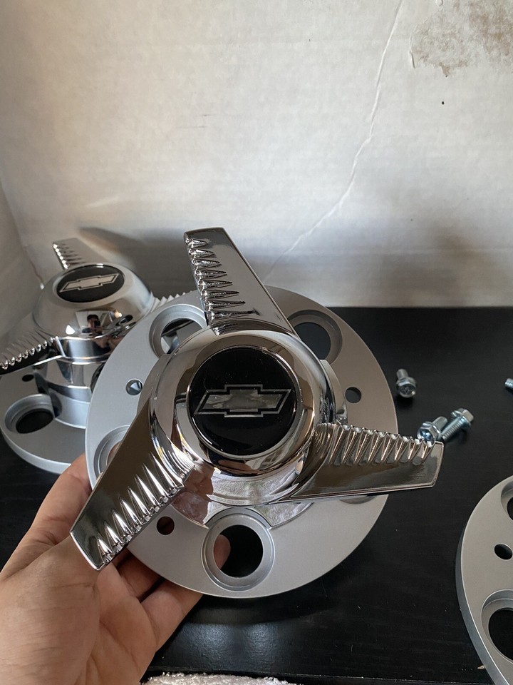 (4) 3 BAR FLUTED SPINNER & CENTER CAPS FOR 5 LUG CHEVY TRUCK RALLY ...