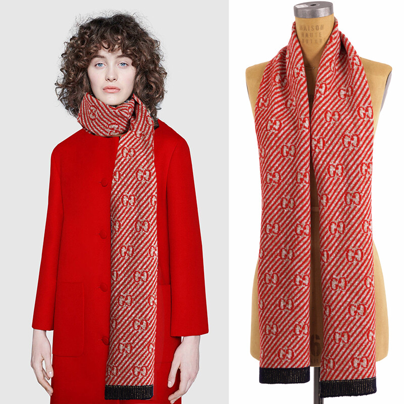 NEW $415 GUCCI Red and Gold GG Stripe JACQUARD Wool Long Fall Winter ...