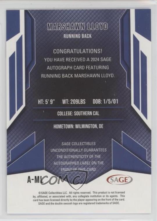 2024 SAGE HIT High Series Auto Gold /100 Marshawn Lloyd #A-ML Rookie ...