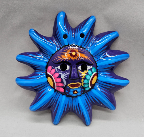 Mexican Folk Art Sun Face Blue Floral Clay Pottery Hand Painted Wall ...