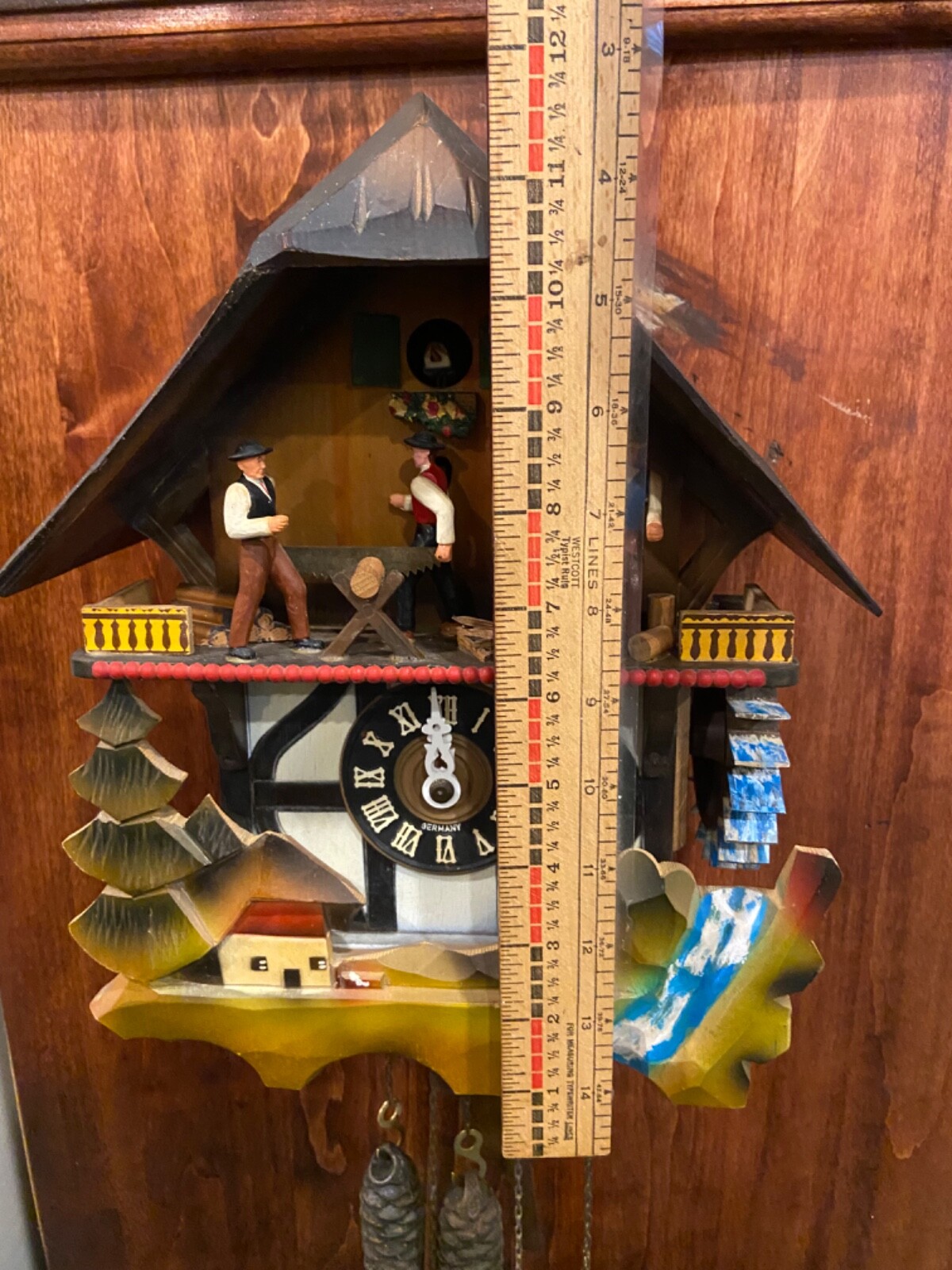 Vintage GERMAN MUSICAL Cuckoo Clock with Men Chopping. Sawing/ Water ...