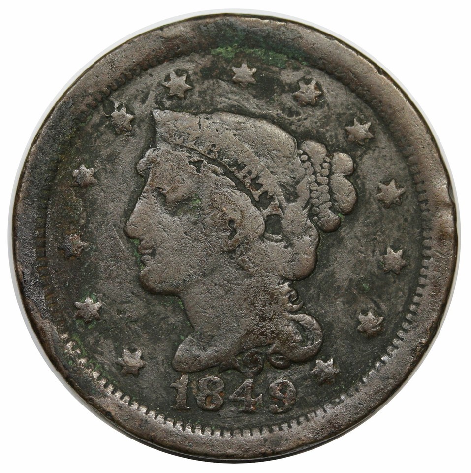 1849 Braided Hair Large Cent, ornate engraved reverse | eBay