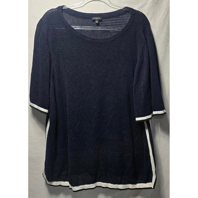 Talbots Plus Navy White Striped Knit Mesh Top Short Sleeve Boat Neck ...