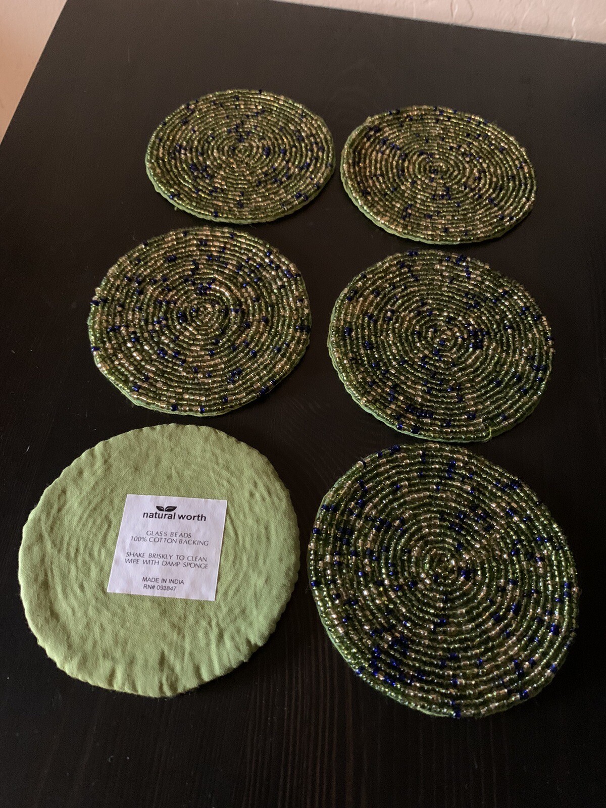 6 Red Glass Beaded Drink Coasters Natural Worth 100% Cotton Lined Green ...