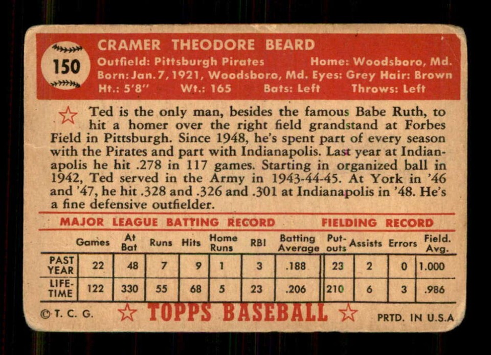 1952 Topps #150 Ted Beard G X2828549 | eBay