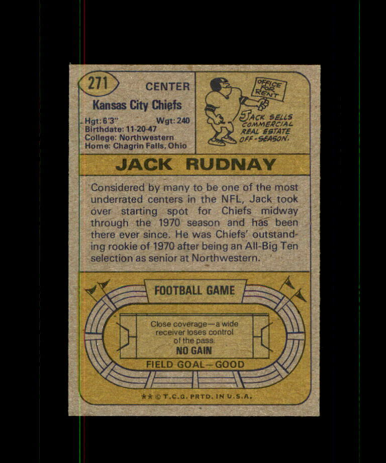 1974 TOPPS FOOTBALL CARD KANSAS CITY CHIEFS #271 JACK RUDNAY NR.MINT ...