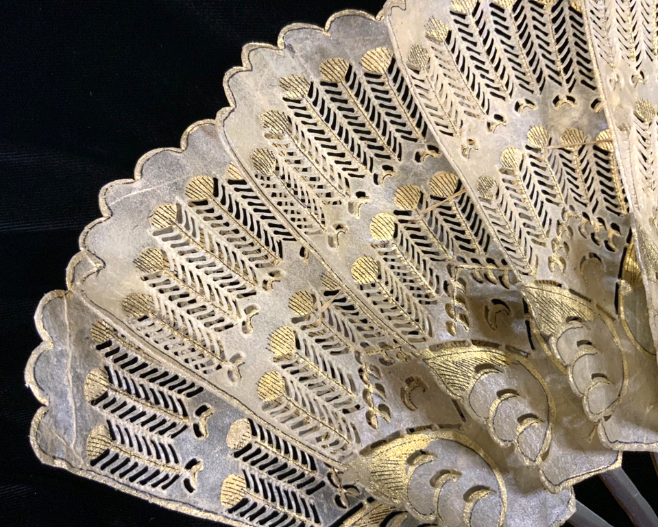 Antique Lady’s Fan Pierced Vellum Gold “Monture” Gilded Gold Dutch ...
