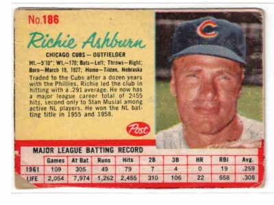1962 Post #186, Richie Ashburn, Chicago Cubs, Small Paper Loss | eBay
