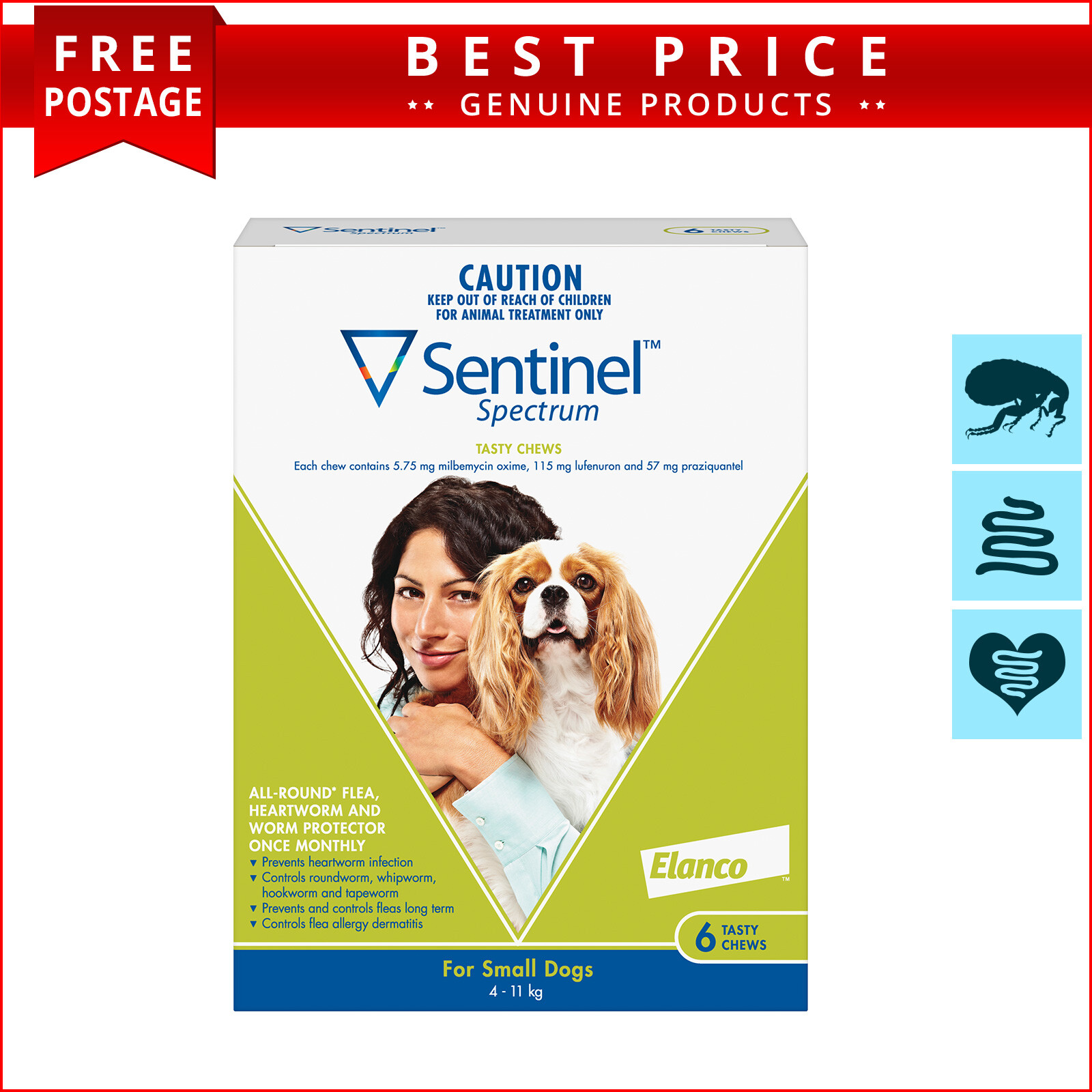 SENTINEL Spectrum Flea Heartworm Worms Control 6 Doses for Dogs All ...