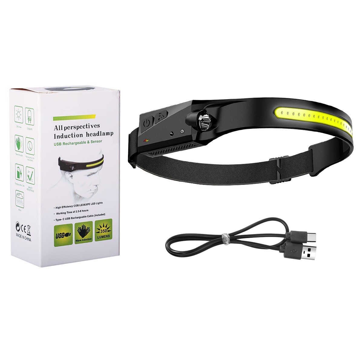 COB LED Headlamp USB Rechargeable Headlight Wave Induction Light Head ...