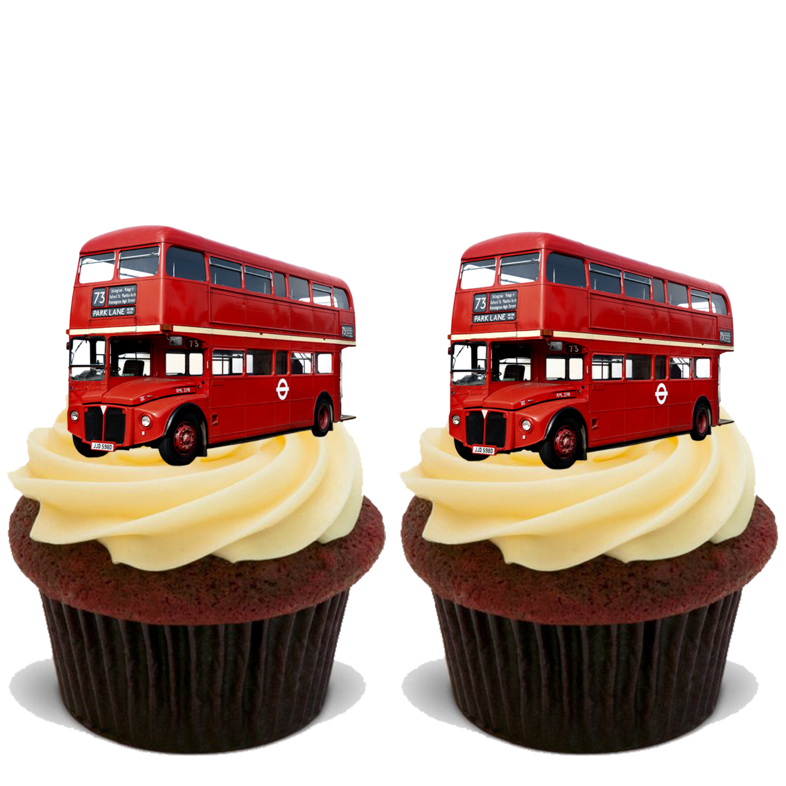 30x RED LONDON BUS Premium Edible Stand Up Rice Wafer Cup Cake Toppers ...