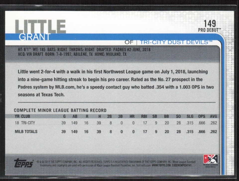 2019 Topps Pro Debut #149 Grant Little Tri-City Dust Devils | eBay