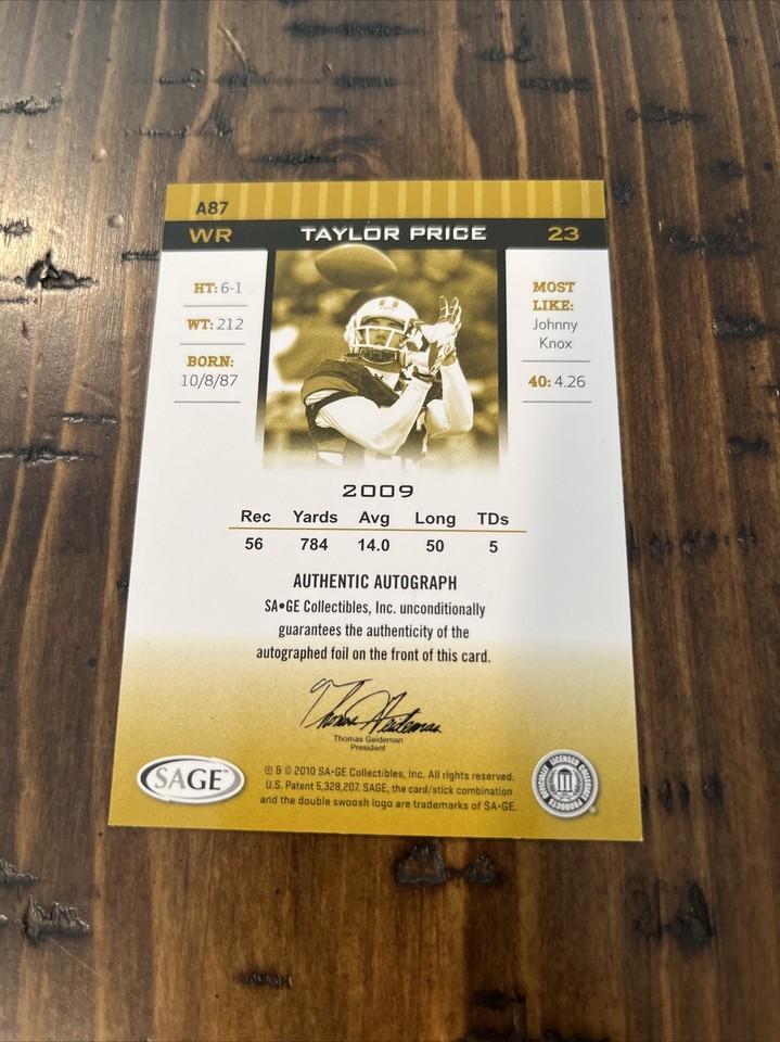 2010 Hit AUTO ROOKIE Taylor Price RC #A87 Football Card (h) | eBay