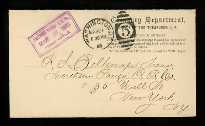 US Postal History Official Business Treasury Free Frank 1888 DC Pacific ...
