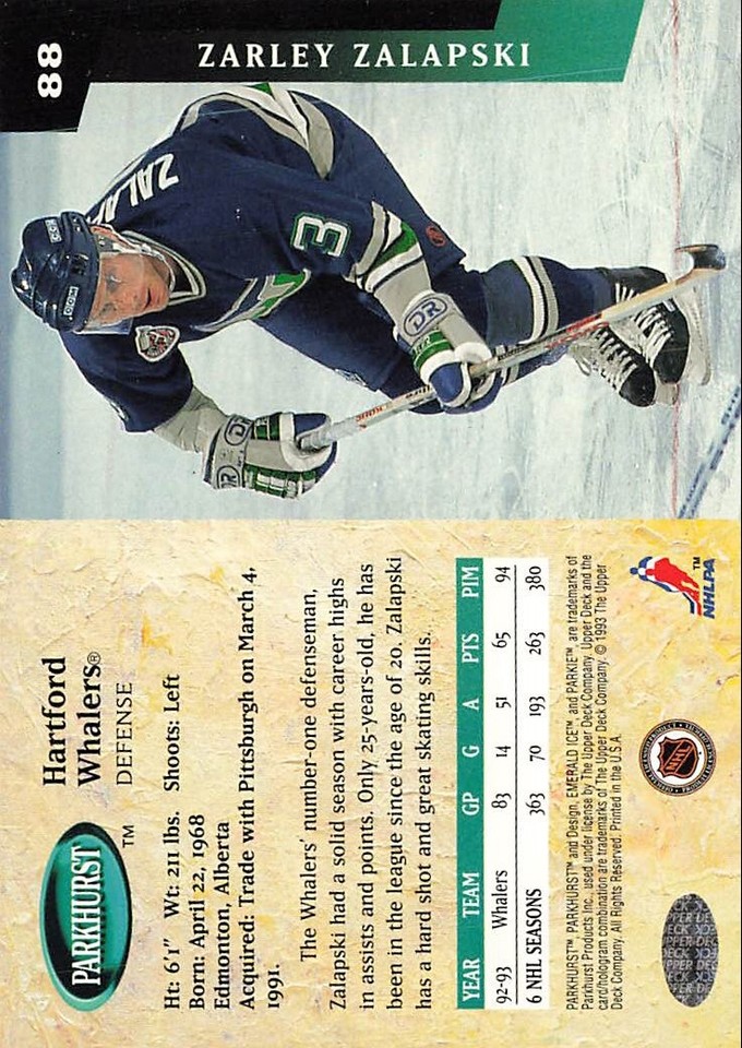1993 Parkhurst #88 Zarley Zalapski Hartford Whalers | eBay