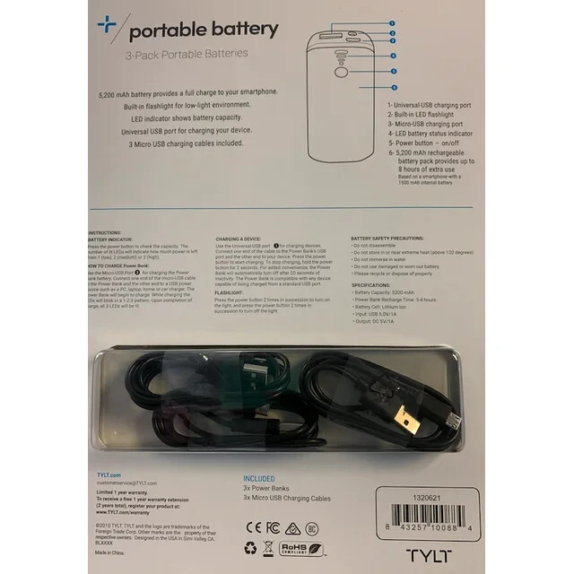 x3 TYLT 5200mAh Power Bank Portable Charger External Battery Pack | eBay