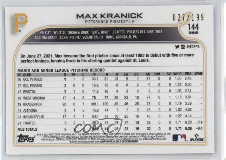 2022 Topps Chrome Sonic Aqua & Pink Pulse Refractor /199 Max Kranick ...
