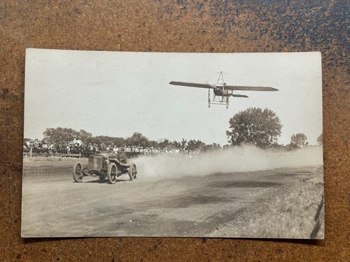 c1908 Vintage postcard photo RPPC Mono wing AIRPLANE CAR RACE Iowa ...