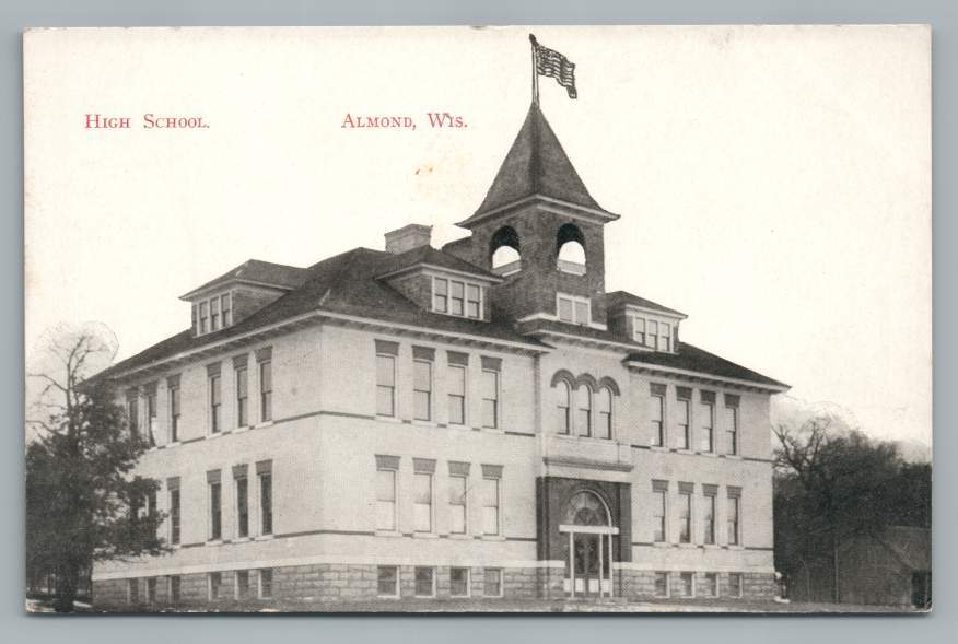 High School ALMOND Wisconsin Portage County Antique Postcard MA Wood ...