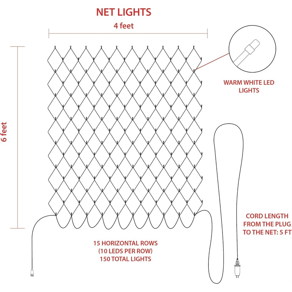 ProductWorks 8-Function 150 Micro Clear Cap LED Net Lights, Translucent ...