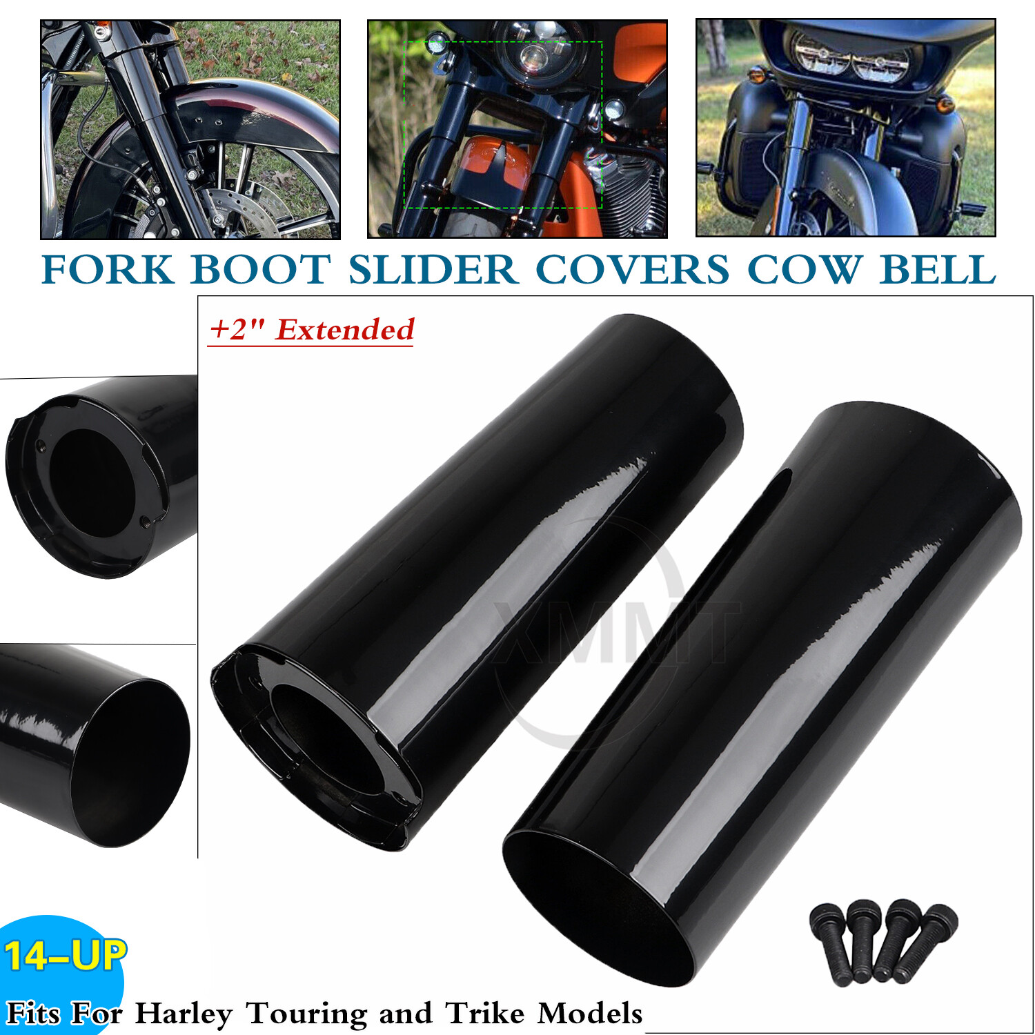 +2" Extended Fork Tube Slider Covers Cowbells Kit For Harley Road King ...