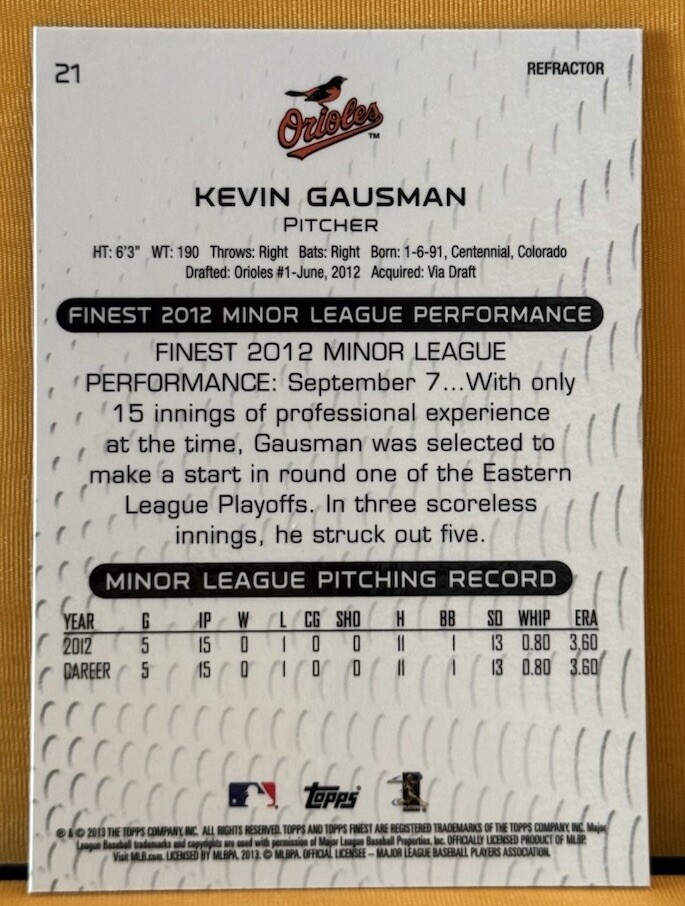 2013 Topps Finest Baseball Kevin Gausman Silver Refractor RC Baltimore ...