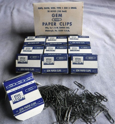 VTG STEEL CITY Gem Paper Clips Qty 1000 I & M Sufrin USA ca 1970 Size 2 ...