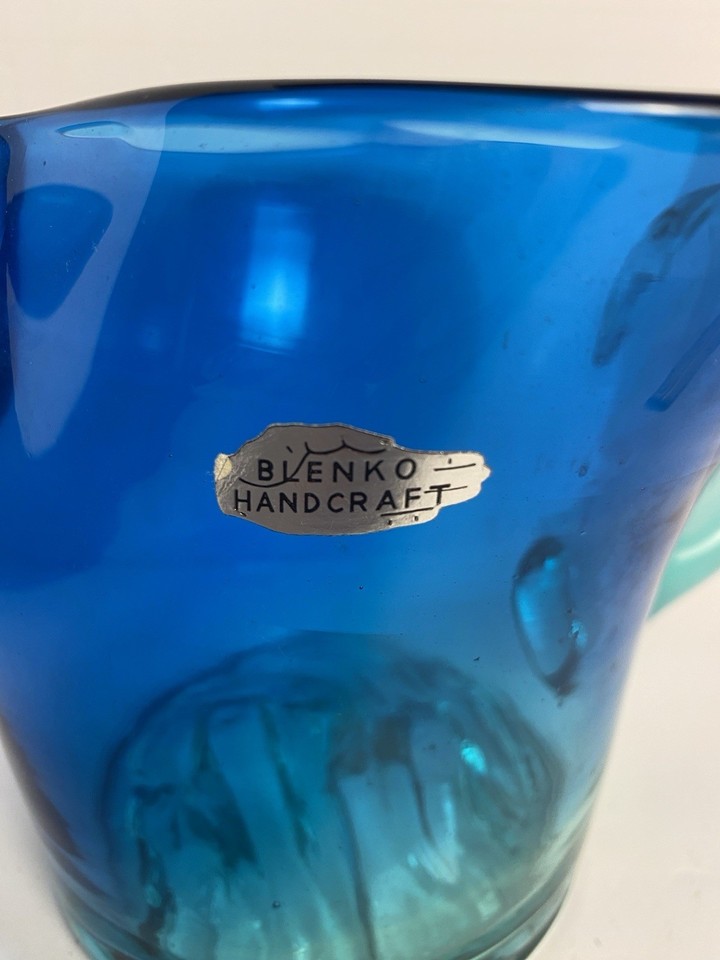 VTG 1982 Blenko Big Sky Blue Green Mountains Don Shepherd Pitcher w ...