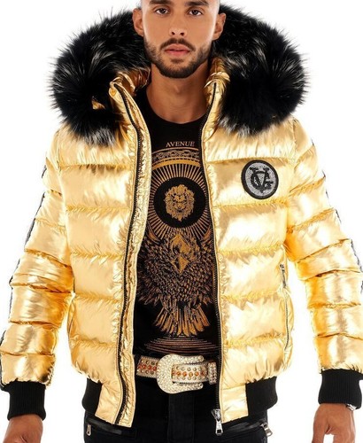 Avenue George V Paris Puffer Jacket Gold Rhinestone High Fur on Hood ...