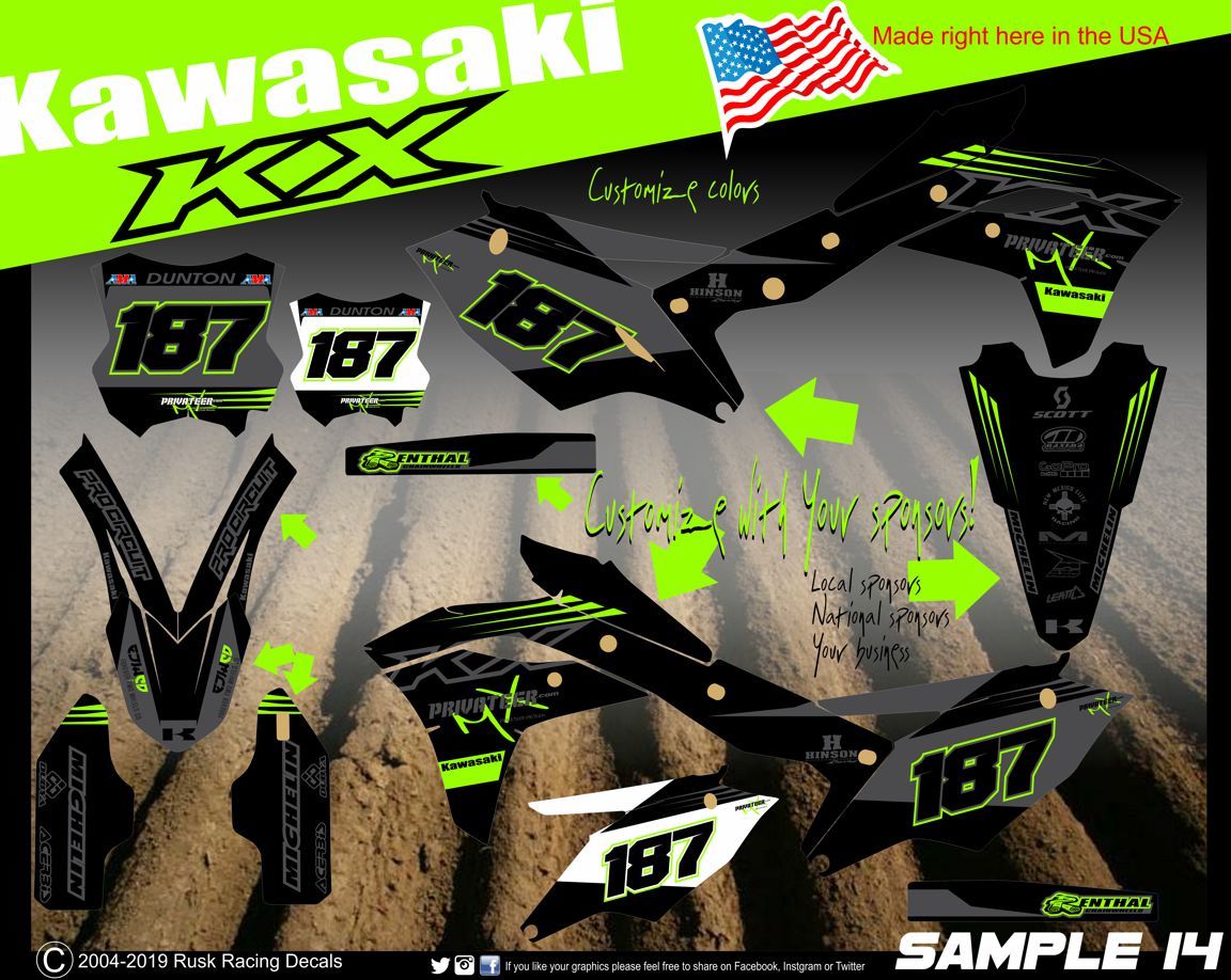 Kawasaki Full graphic kit with number plates kxf250 kxf450 kx450 kx 450 ...