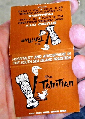 VINTAGE MATCHBOOK TIKI THE TAHITIAN STUDIO CITY PASADENA CAL 1950's | eBay