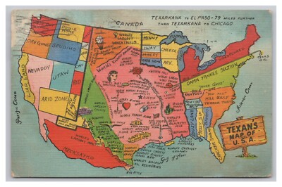 Texans' Map Of U.S.A. Humor Travel Souvenir Linen Postcard 1952 | eBay
